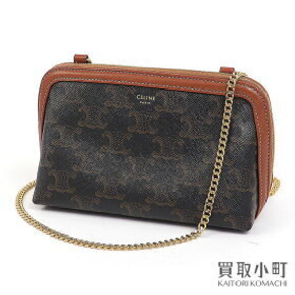 Celine | Bags | Celine Chain Clutch Bag Tan Triomphe Canvas Lambskin ...